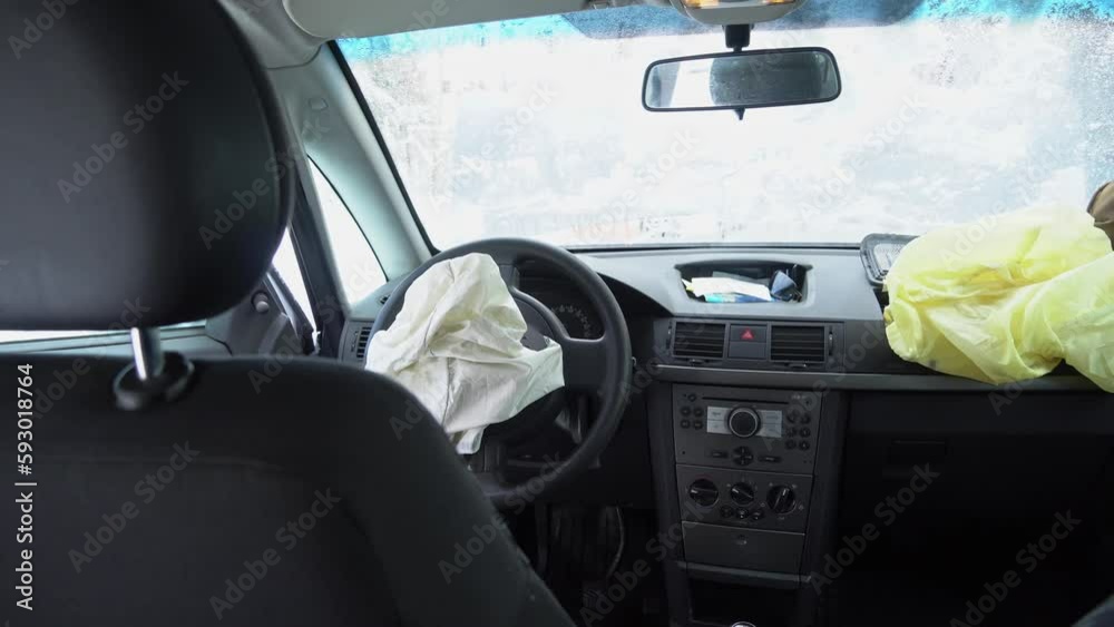 Deployed car airbags after a collision, car accident, vehicle security ...