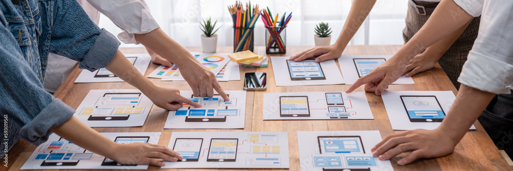 Panorama shot of front-end developer team brainstorming UI and UX ...