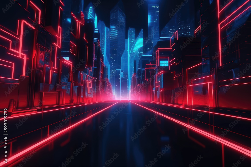 3d render, abstract concept of the urban street at night, red blue neon ...