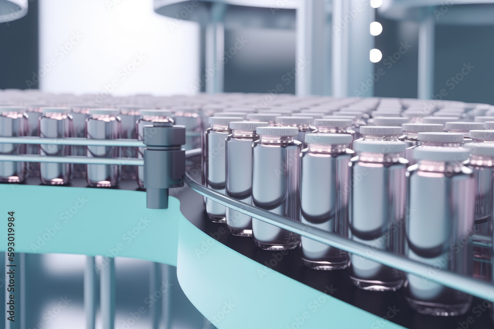3d render. Pharmaceutical manufacture background with glass bottles ...