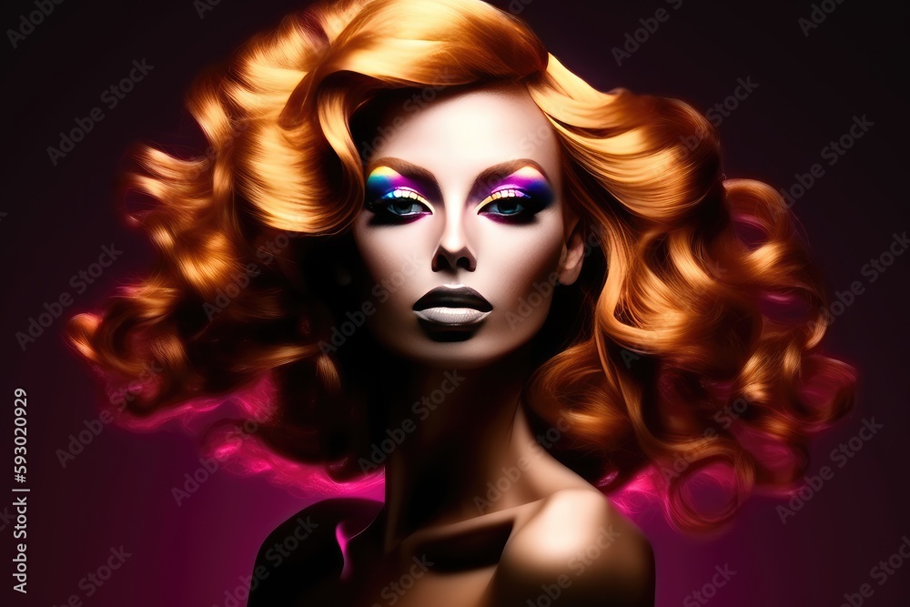 Fictional red head Drag Queen with rainbow makeup: Man dressed up as a ...