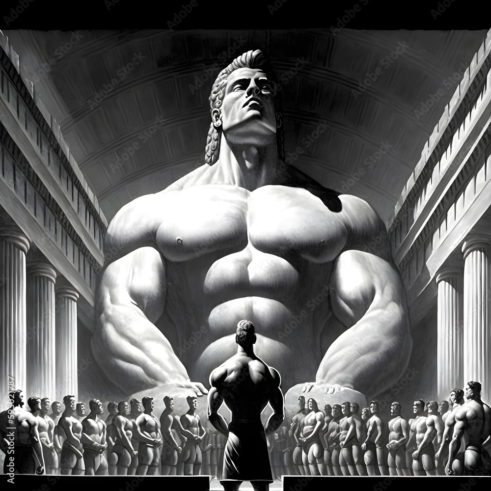 Mass of Muscled men Worship a monumental statue of Muscled viril man ...
