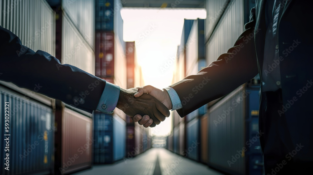 Two businessmen shake hands with a container cargo representative ...