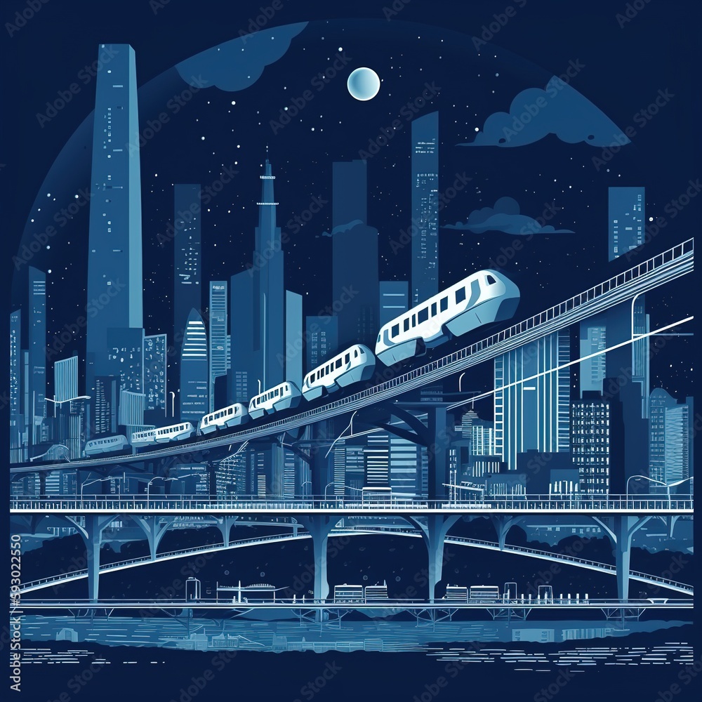 City infrastructure transport panorama. Monorail railway. Train move ...