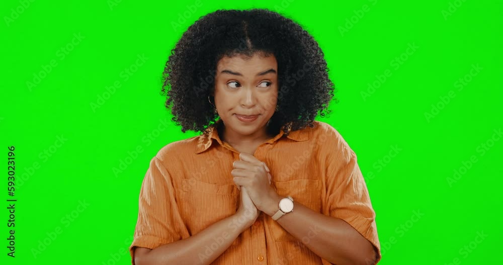 Confused, doubt and woman face with green screen and why hands with shrug. Isolated, studio ...