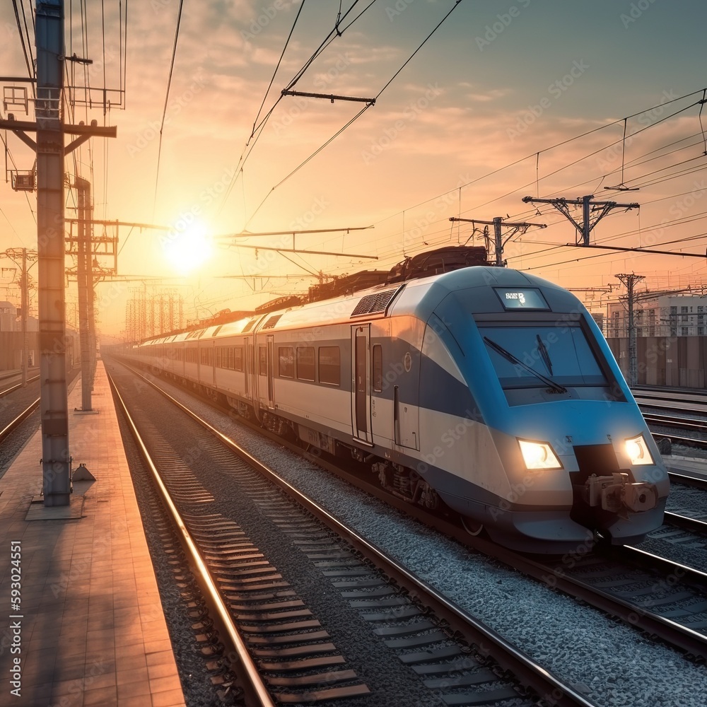 At sunset, a high-speed train speeds through the railway station. Blue ...