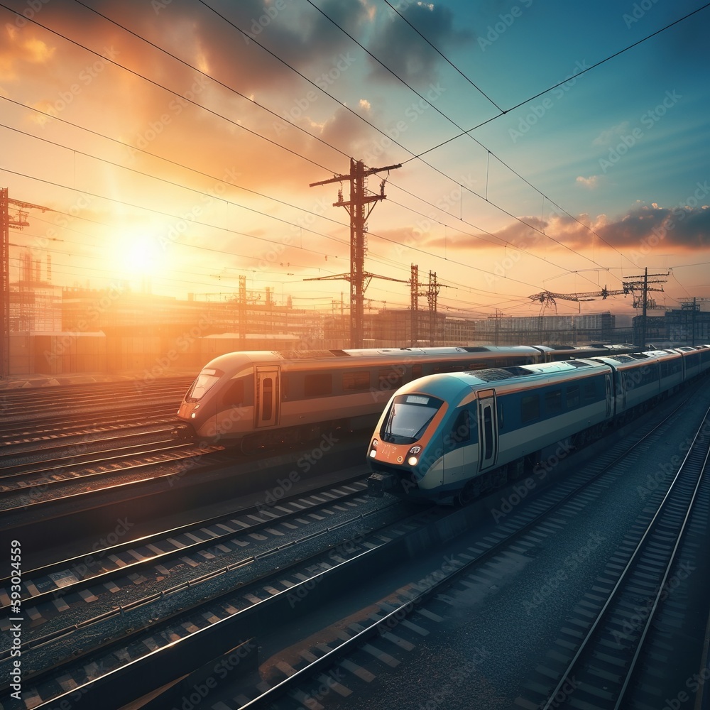 At sunset, a high-speed train speeds through the railway station. Blue ...