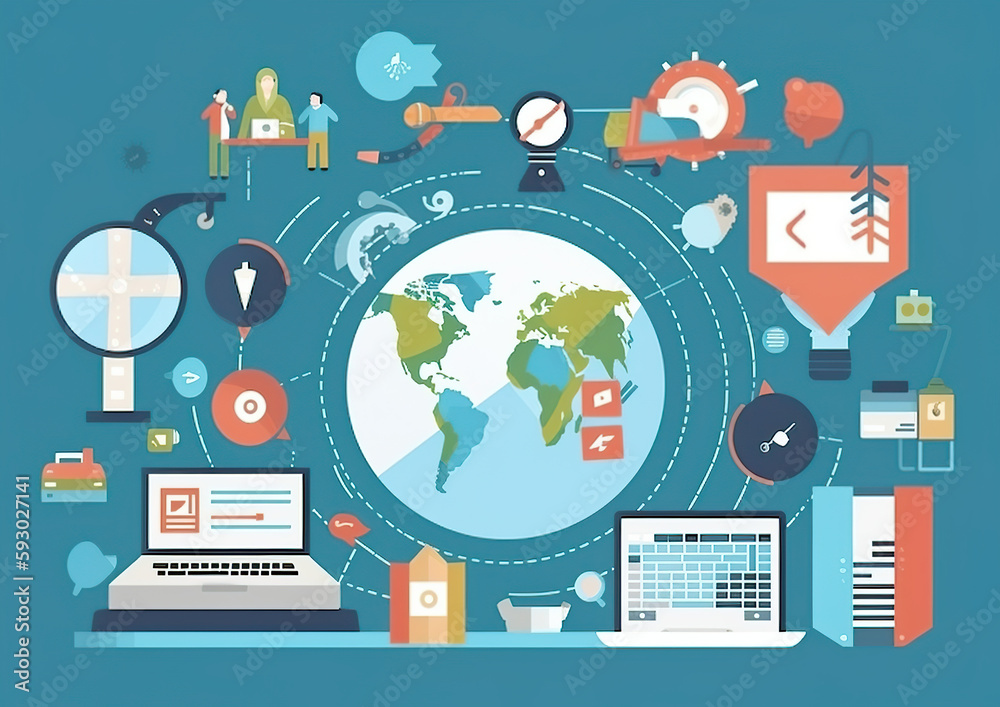A vibrant infographic showcases a world map at the center surrounded by ...