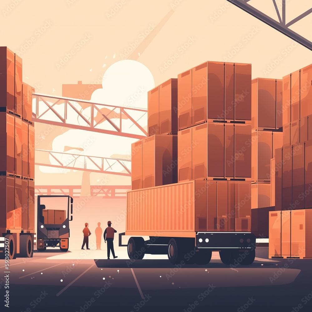 Workers Courier Unloading Packaging Boxes pallets into Shipping ...