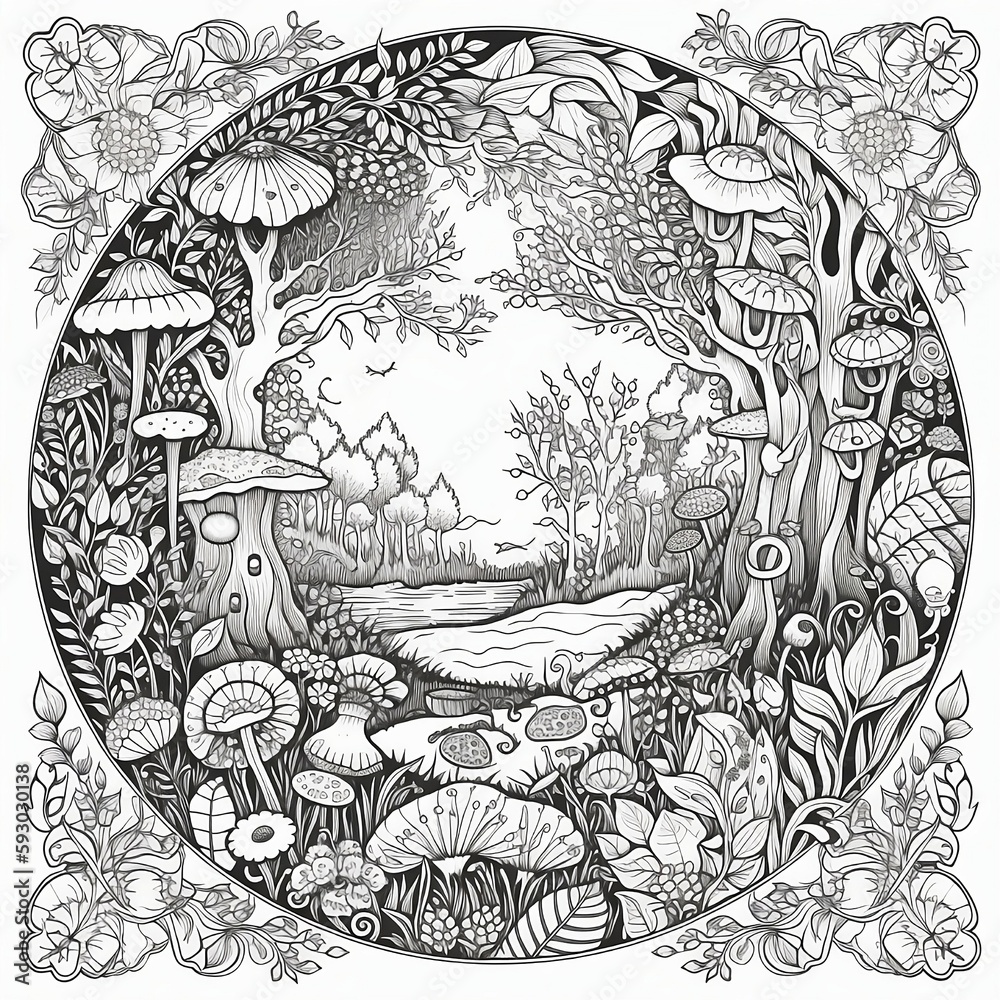 Coloring pages of an enchanted garden, black and white, generative Al ...