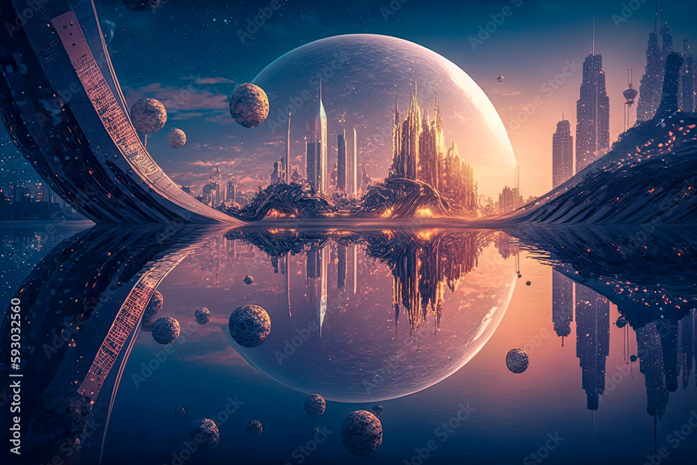 Stockillustratie Generative AI illustration of futuristic sci-fi ... Stockillustratie Generative AI illustration of futuristic sci-fi ...