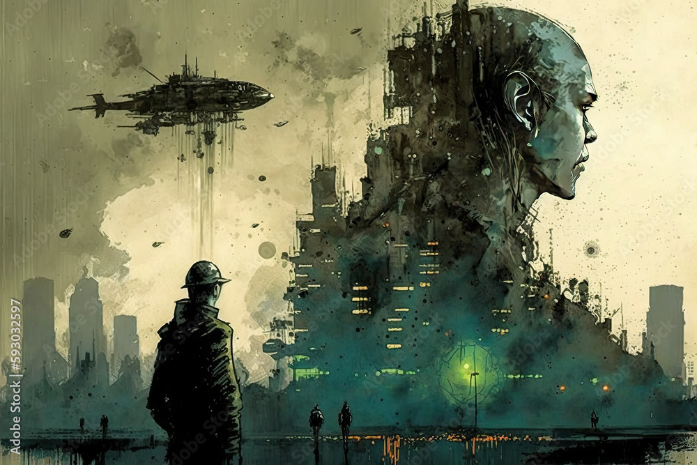 Stunning contemporary Generative AI illustration of futuristic sci-fi ...