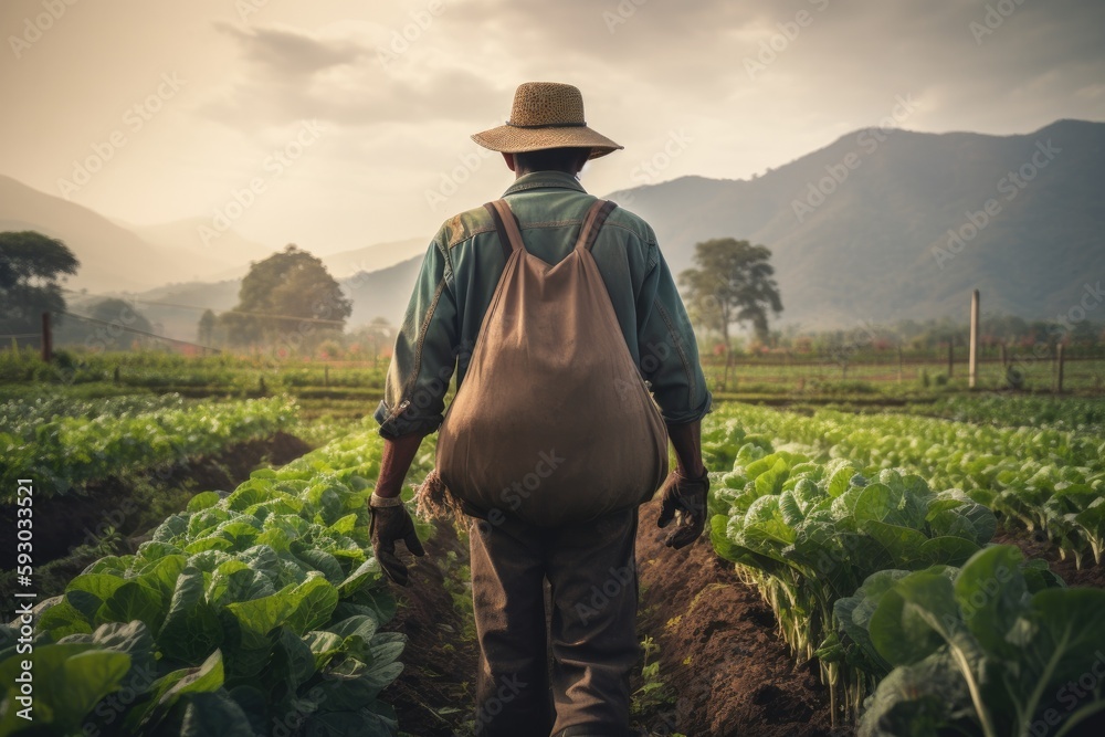 authentic image capturing a farmer from the back view tending to a ...
