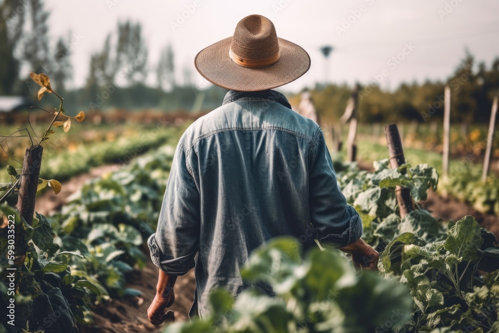 authentic image capturing a farmer from the back view tending to a ...
