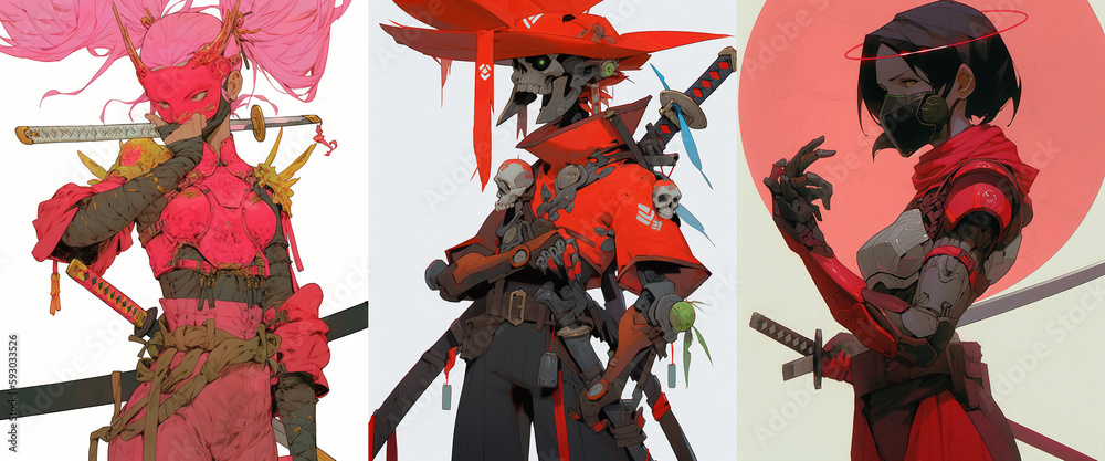 Portraits of a samurai angel girl with wings. Anime style illustration ...