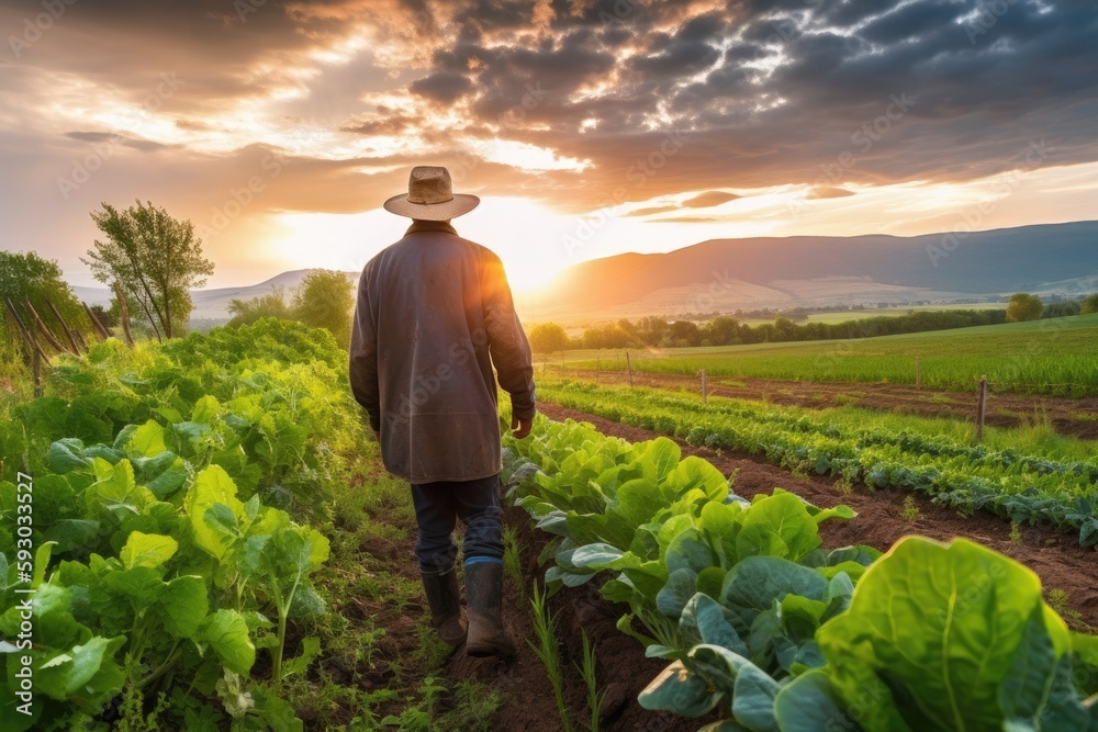 authentic image capturing a farmer from the back view tending to a ...