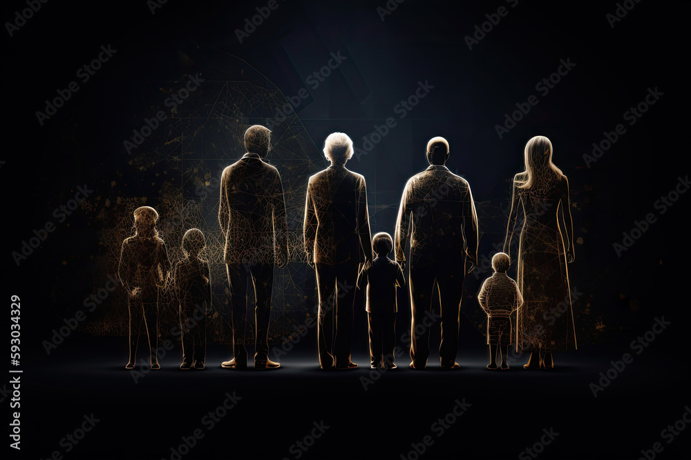 Different generations of family stand together against dark abstract ...