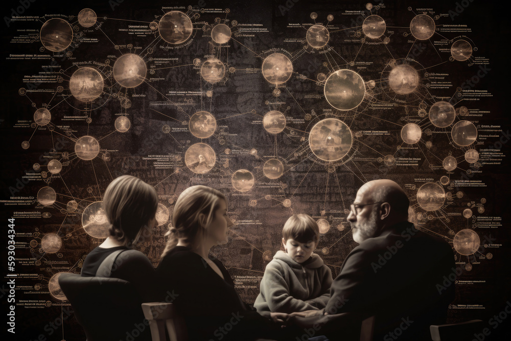 Different generations of family stand together against dark abstract ...