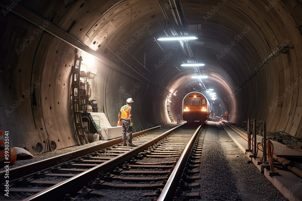 the inside of a tunnel with train tracks and construction workers on ...