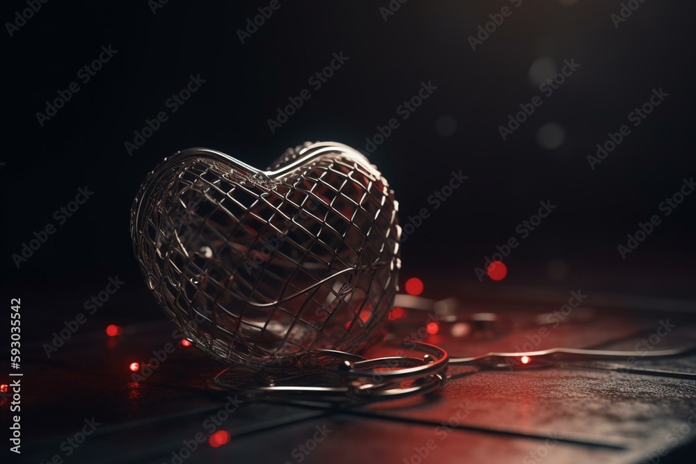 Heart trap concept with red heart in metallic trap on dark background ...