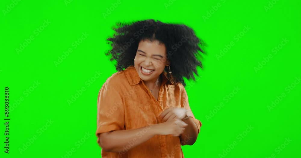 Green screen, winning and woman dancing, fun and success against studio ...