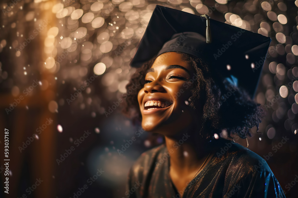 Portrait of black american young woman wearing a graduation cap dancing ...