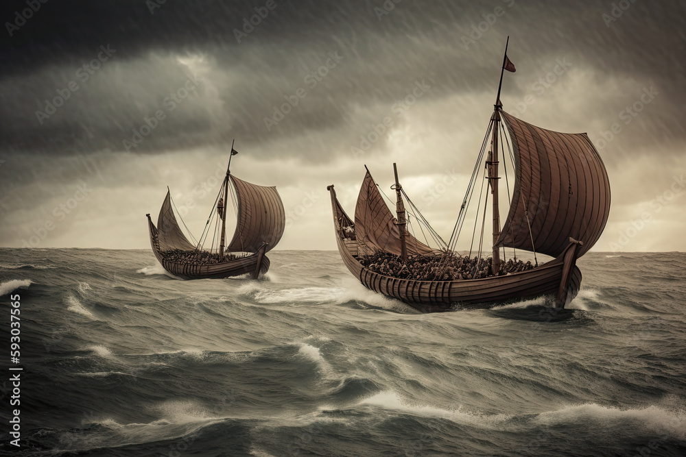 Viking ships fighting the storm. Wooden boats of the Vikings setting ...
