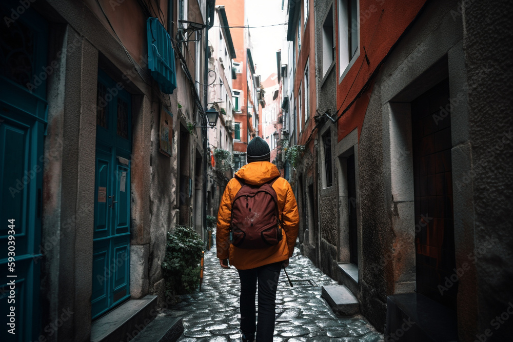 Person walking in a tight bright alley on a tiled stone path, many ...