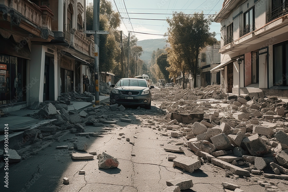 a city street that has been destroyed by the earthquake, with debris ...