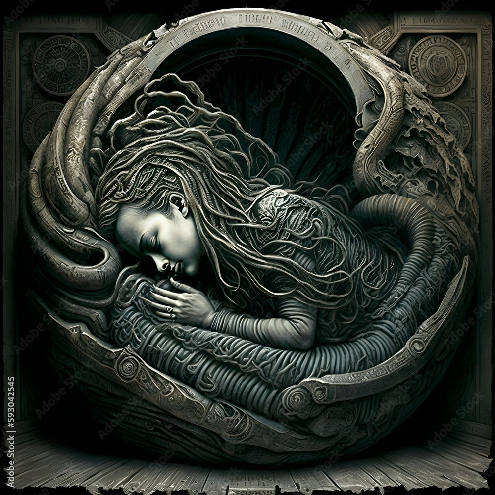 an HR Giger illustrated piece of a adult female xenomorph curled up ...