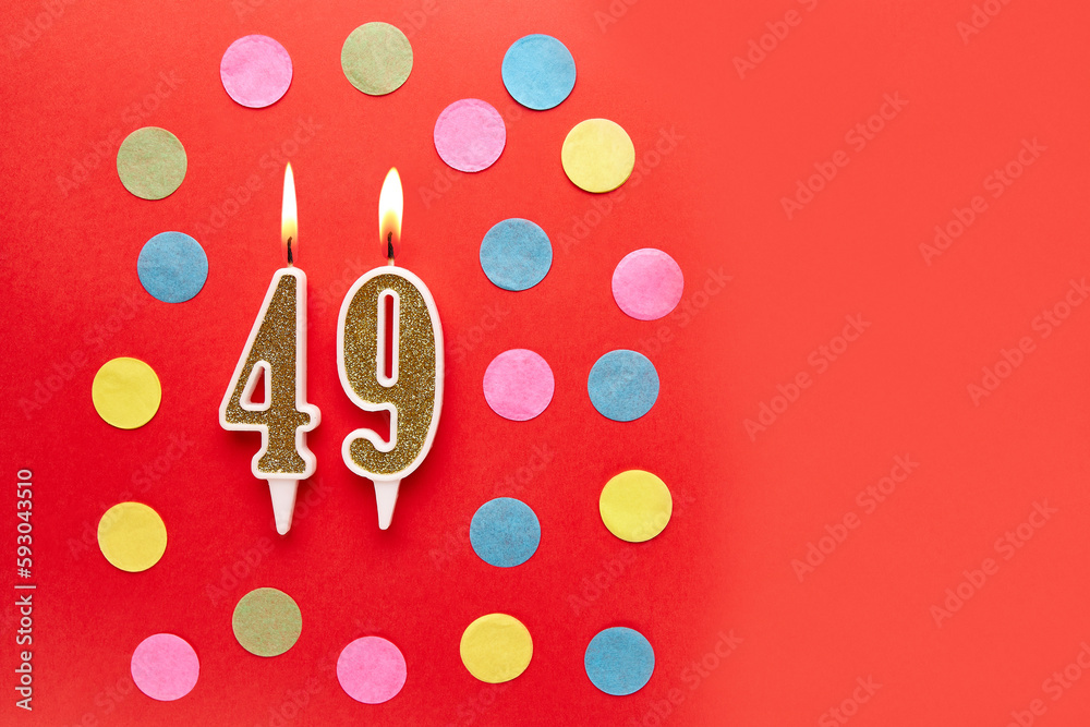 Number 49 on a red background with colored confetti. Happy birthday ...