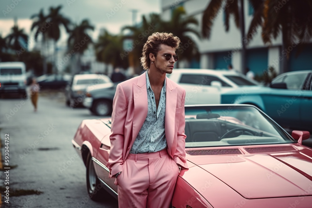 Retro wave vice Miami fashioned man near retro sport car. Sunset scene ...