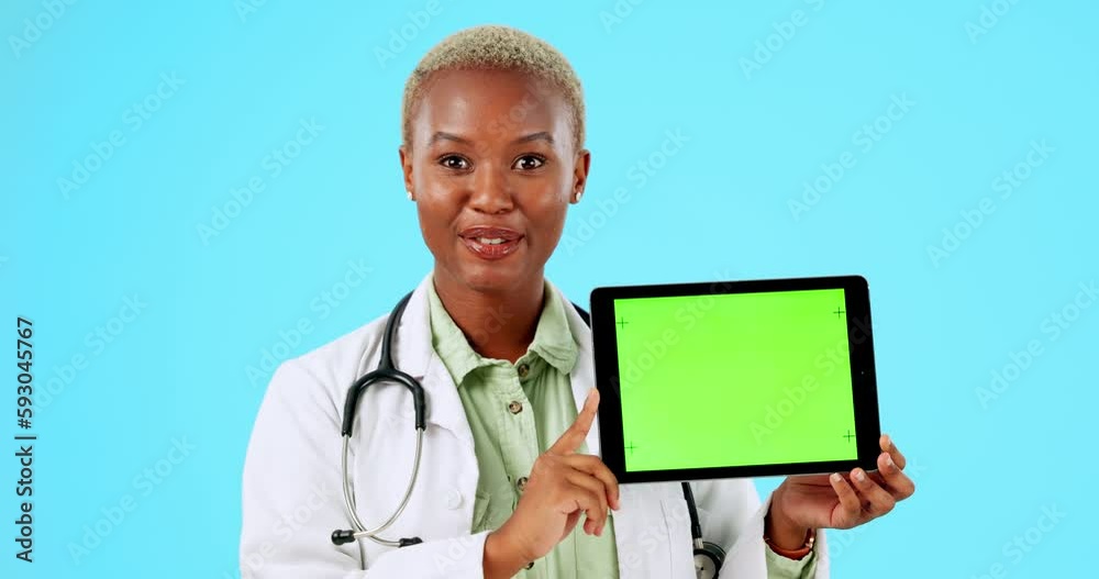 Doctor face, tablet and green screen isolated on studio background ...
