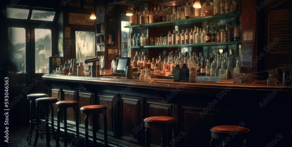 Dimly lit pub interior evokes warmth, with its bar counter and wooden ...
