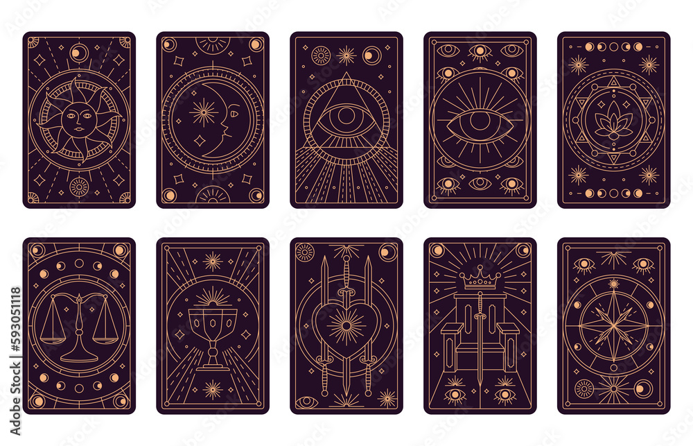 Magic tarot cards. Cards with various mystical symbols. Divination and ...