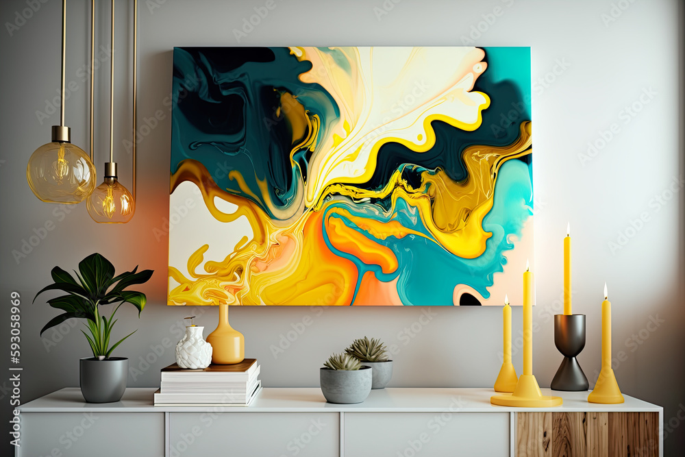 Abstract painting in fluid art style above a nightstand in a modern ...