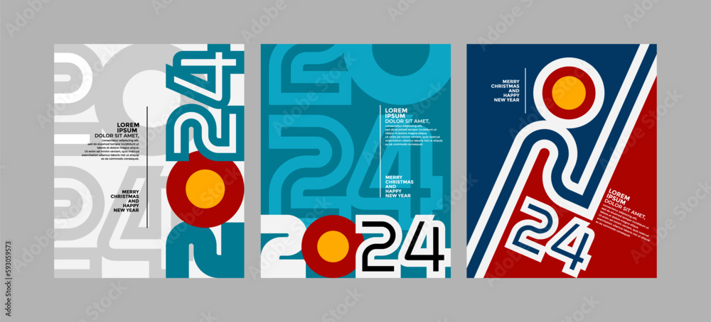 2024 Colorful set of Happy New Year posters. Abstract design with ...