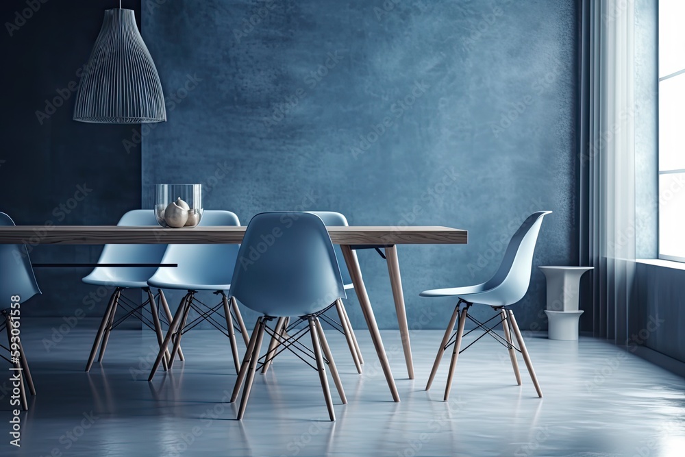 Blue backdrop and contemporary interior design table for banner text ...