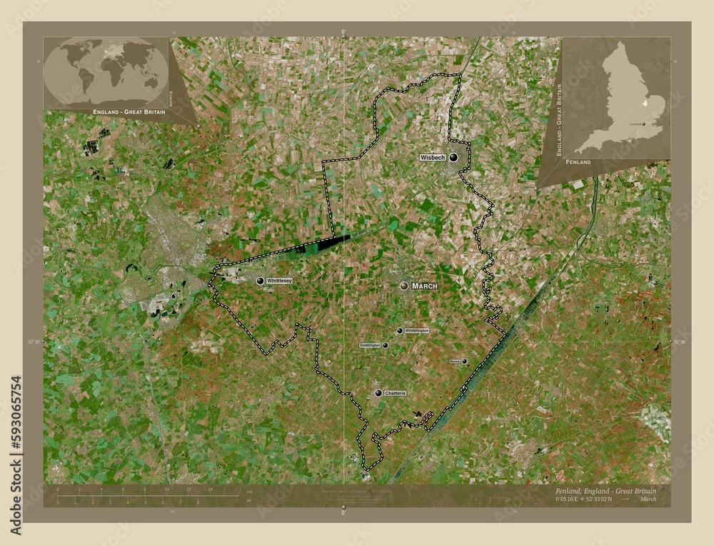 Fenland, England - Great Britain. High-res satellite. Labelled points ...