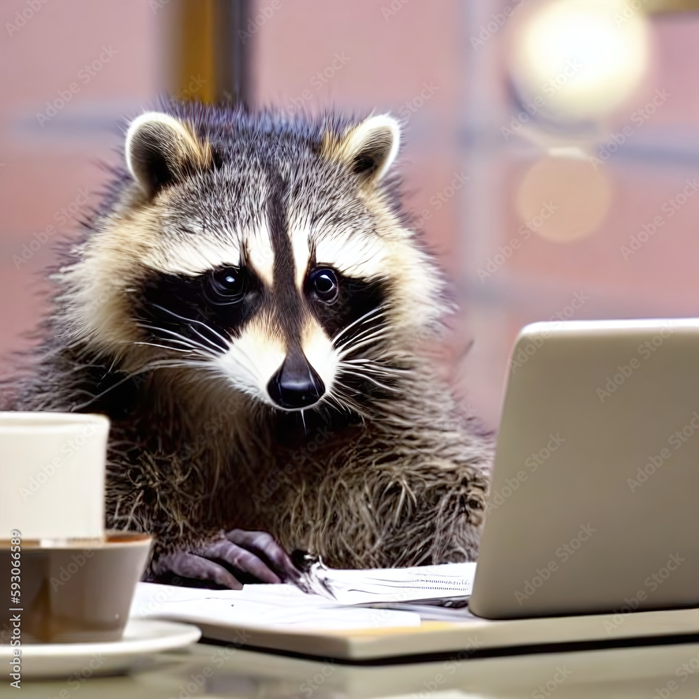 Raccoon in office environment, surrounded by precise filing system ...