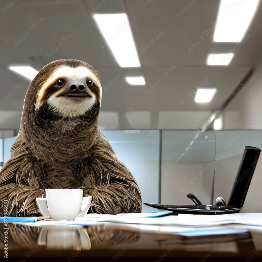 Sloth working at a desk, laptop and documents in front of him. Slow ...