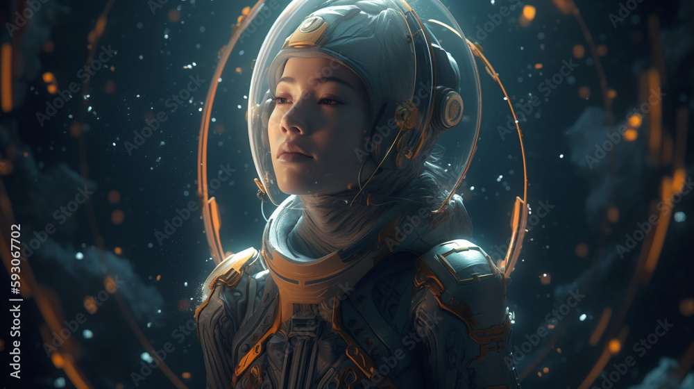 Portrait of gorgeous oriental astronaut, scifi woman in abstract starry ...