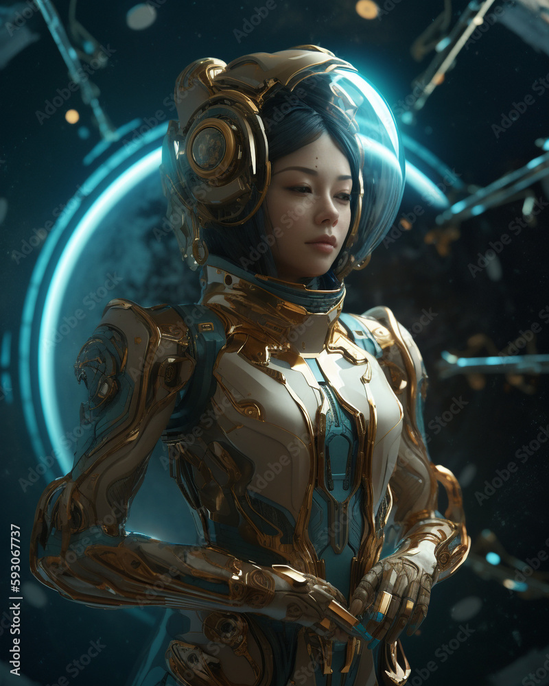 Stunning woman in futuristic shiny ceramic intricate advanced cyborg ...