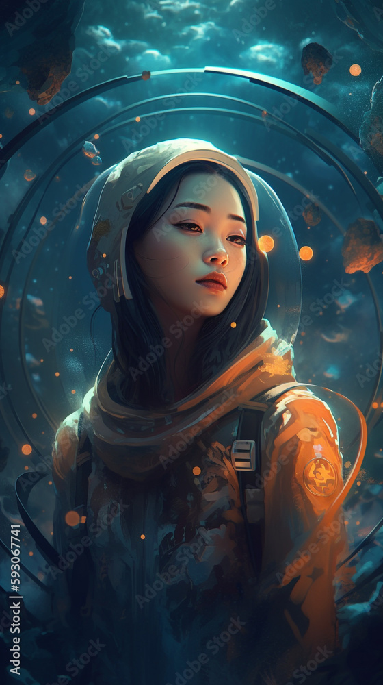 Portrait of gorgeous oriental astronaut, scifi woman in abstract starry ...