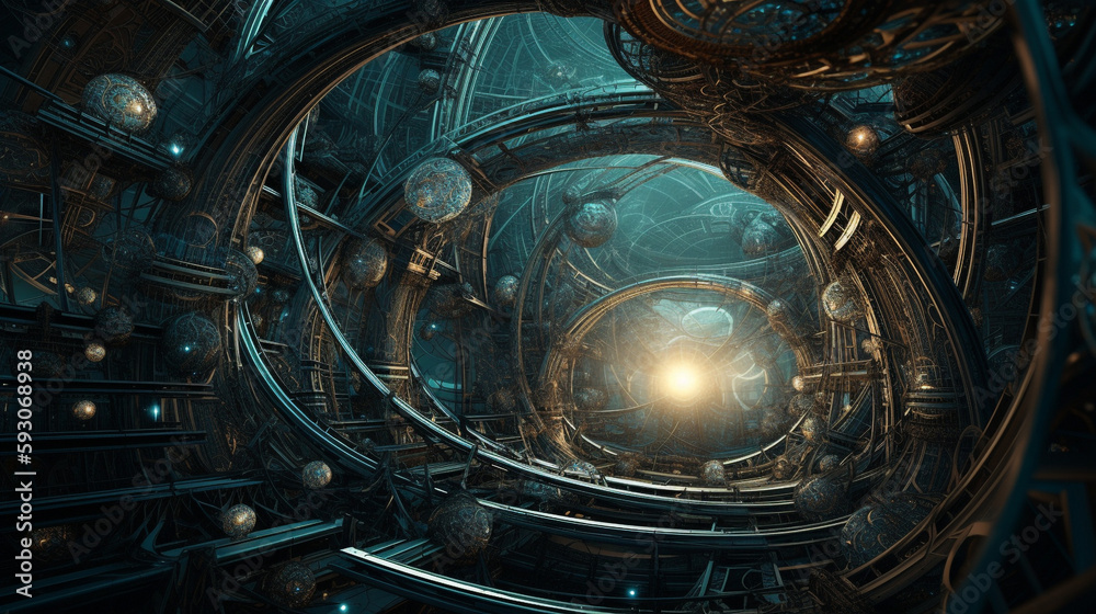 3D render of spherical mechanism in cosmic space time, concept of ...