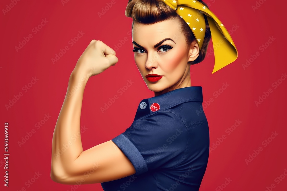 Strong powerful fictional AI generated woman. Woman's day banner. We ...