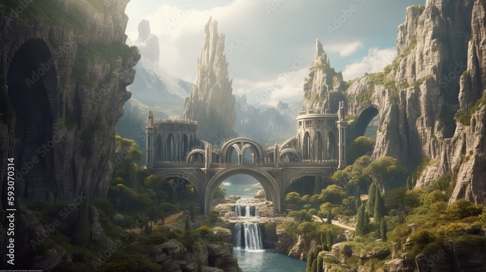 Elven or Elvish city with arches, marble palaces, waterfalls and ...