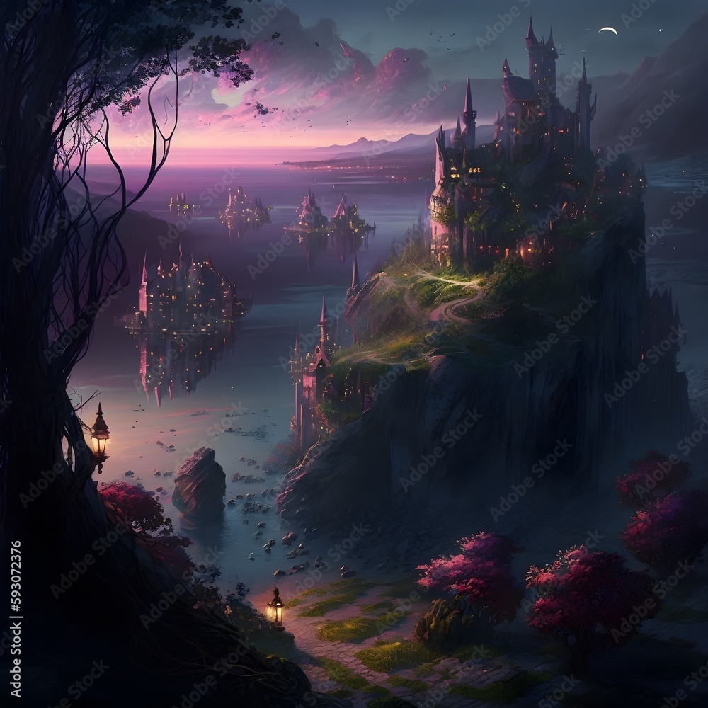 Landcape view of the Elvish city in the kingdom of Faerie Fantasy art ...