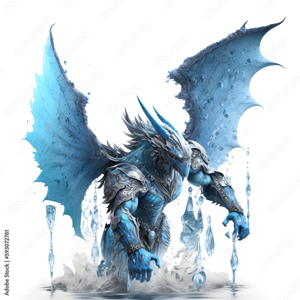 water draconian warrior magical hyper realistic HD white background ...