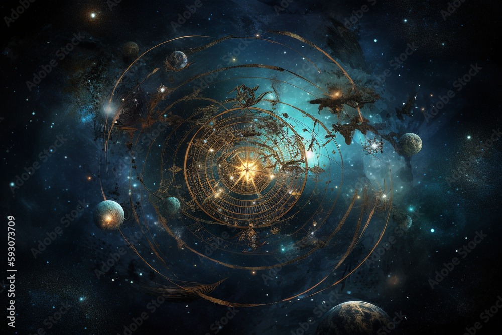 An abstract surreal 3D render of spiral galaxy and planets in cosmic ...